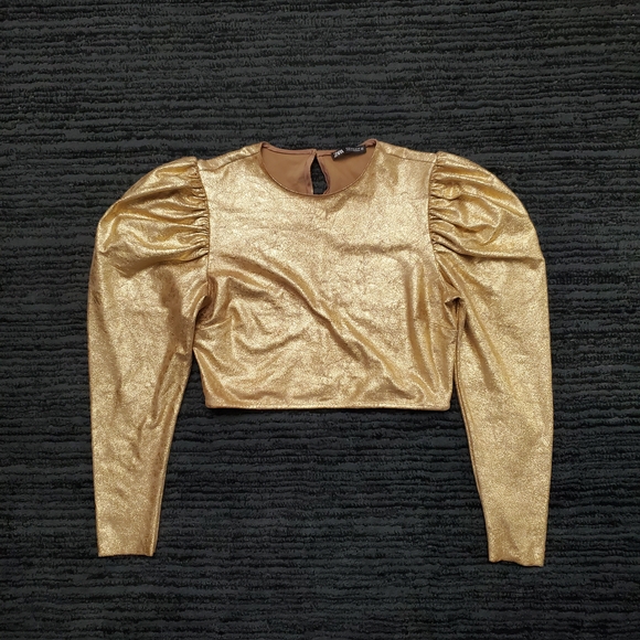 Zara | Tops | Zara Size S Metallic Gold Puff Sleeve Crop Top | Poshmark